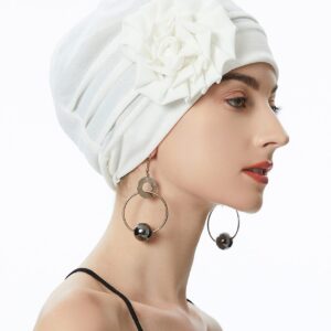 ZLYC Women Turban Beanie Hat with Flower Chemo Headwear Elastic Head Wrap Cap (Floral White)