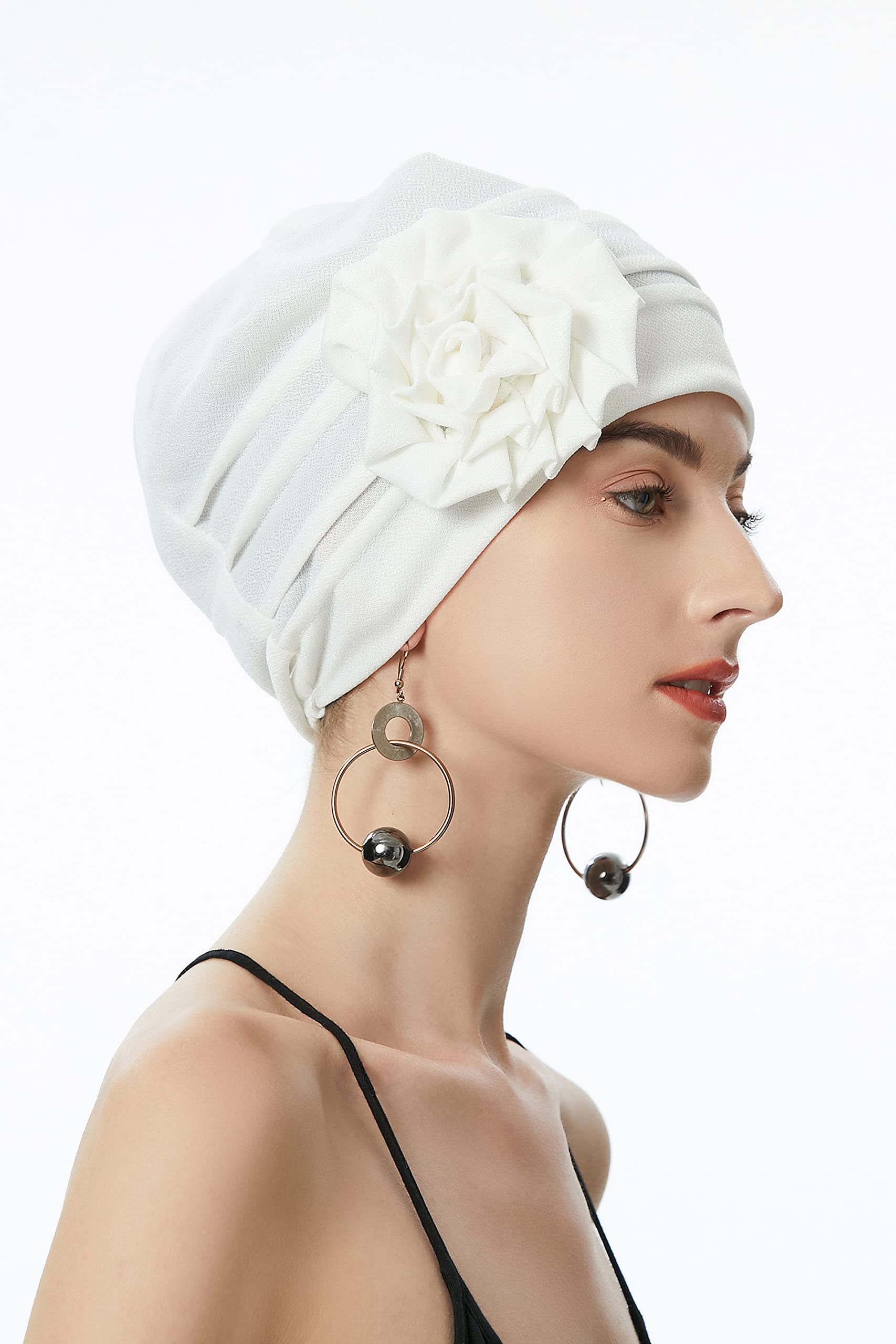 ZLYC Women Turban Beanie Hat with Flower Chemo Headwear Elastic Head Wrap Cap (Floral White)