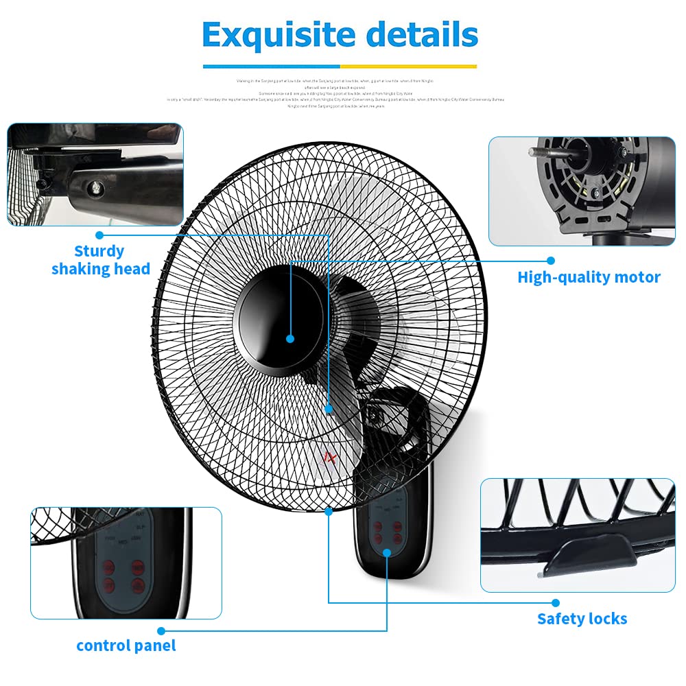 Aottop 16 inch Wall Mount Fan with Remote Control - 2 Pack, 3-Speed and 3 Modes, Timer Function, Adjustable Head, Oscillating Fan for Home and Office - Black