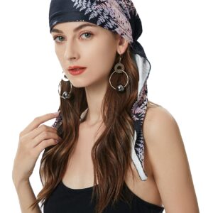 ZLYC Chemo Headwear Pre Tied Head Scarf Headwraps Lightweight Turban Beanie Cap for Women (Leaves Pink Black)