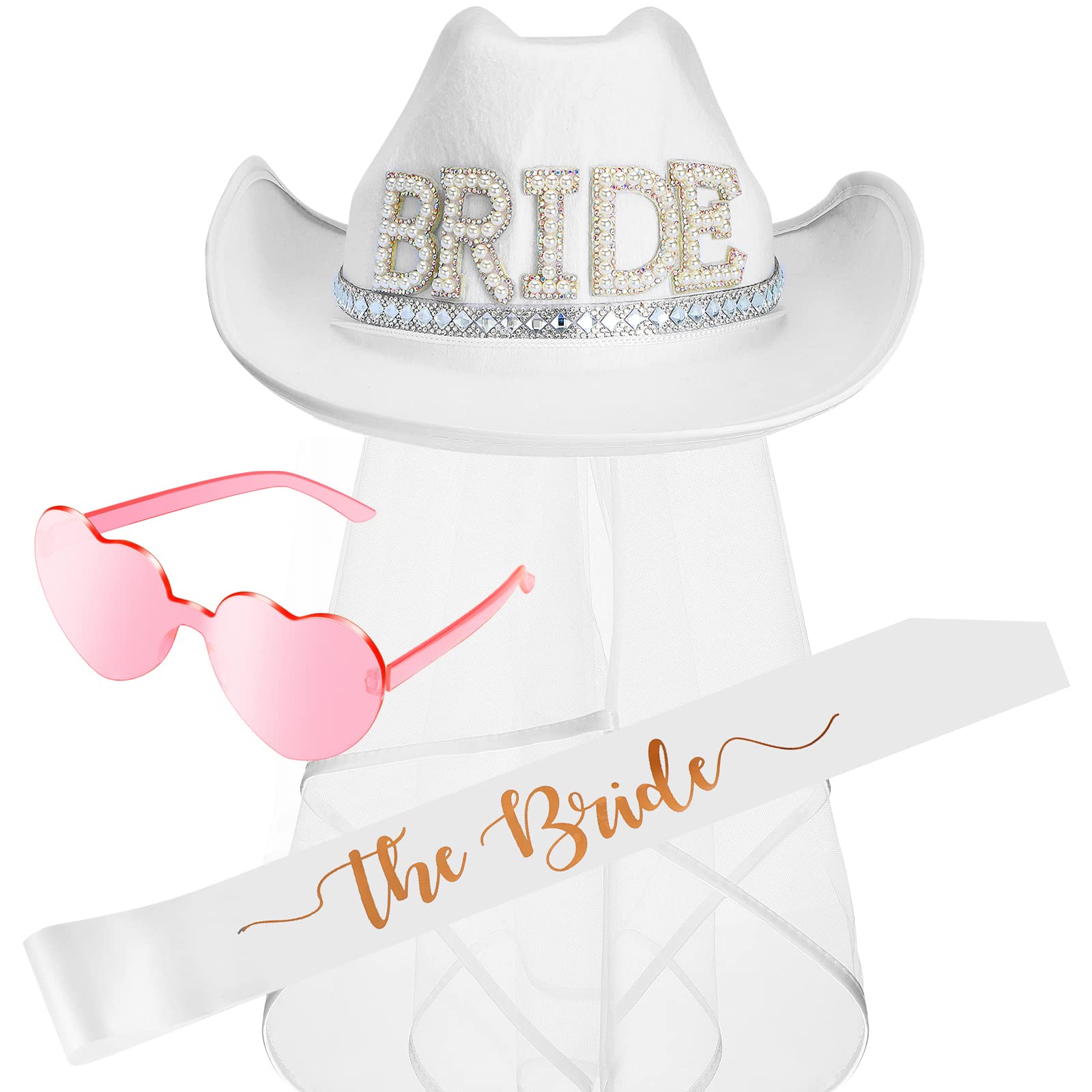 Janmercy The Bride White Cowgirl Hat with Veil Bachelorette Party White Satin Sash Rimless Heart Shape Sunglasses Wedding Party Supplies