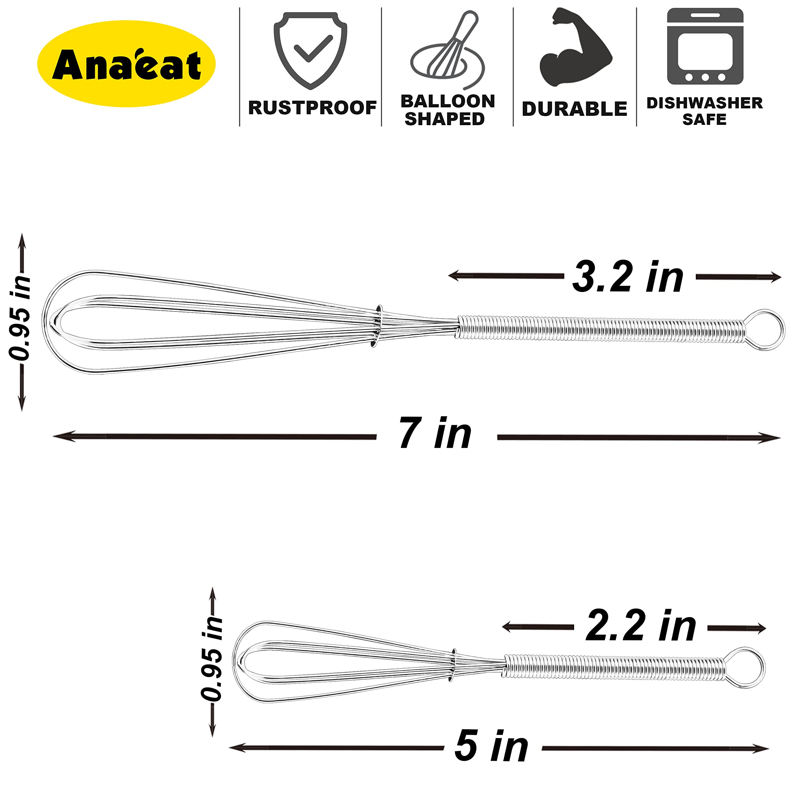 Anaeat Mini Wire Whisks, Set of 2 Portable Stainless Steel Kitchen Tiny Whisk & Egg Beater with Thick Wire - Sturdy Small Mixing Balloon for Cooking, Blending, Whiping, Beating and Stirring (5" + 7")