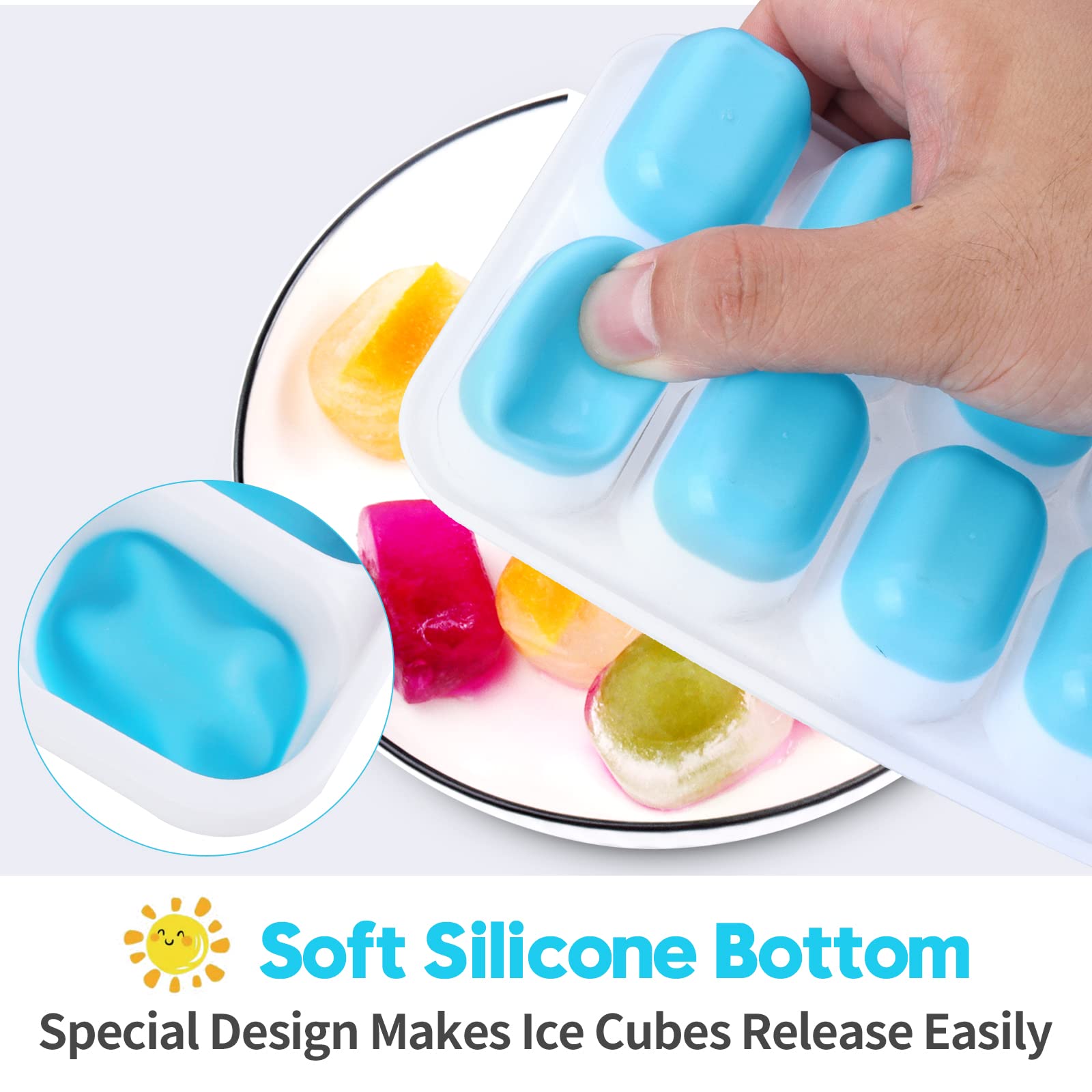 Silicone Ice Cube Tray, Jrisbo 4 Pack Easy-Release & Flexible 14-Ice Cube Trays with Spill-Resistant Removable Lid, Stackable Ice Trays with Covers for Freezer, Cocktail (Blue)