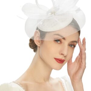 Cizoe Tea Party Fascinator Kentucky Derby Hat Fascinator Pillbox Hat Headband for Cocktail(A-white