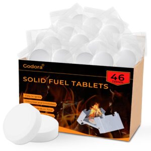 godora 46 pcs solid fuel tablets, powerful solid fuel (1300-degree), lit easily solid fuel tablets, waterproof solid fuel tablets for backpacking, outdoor, camping, and emergency use -eco friendly