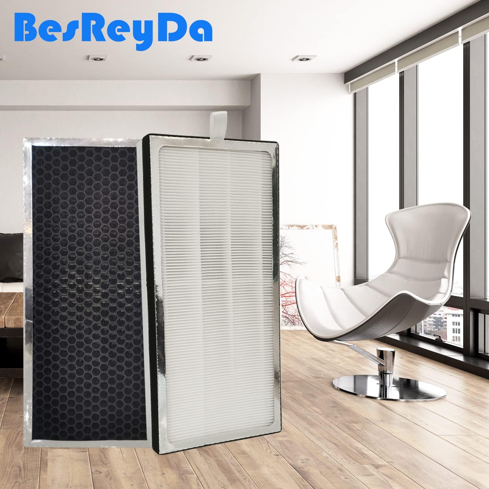 BesReyDa 40 Replacement Filter Compatible with 40 Air Purifier, 3-IN-1 True HEPA 13 Filtration, Fine Pre-Filter and Activated Carbon Filter, 2 Pack