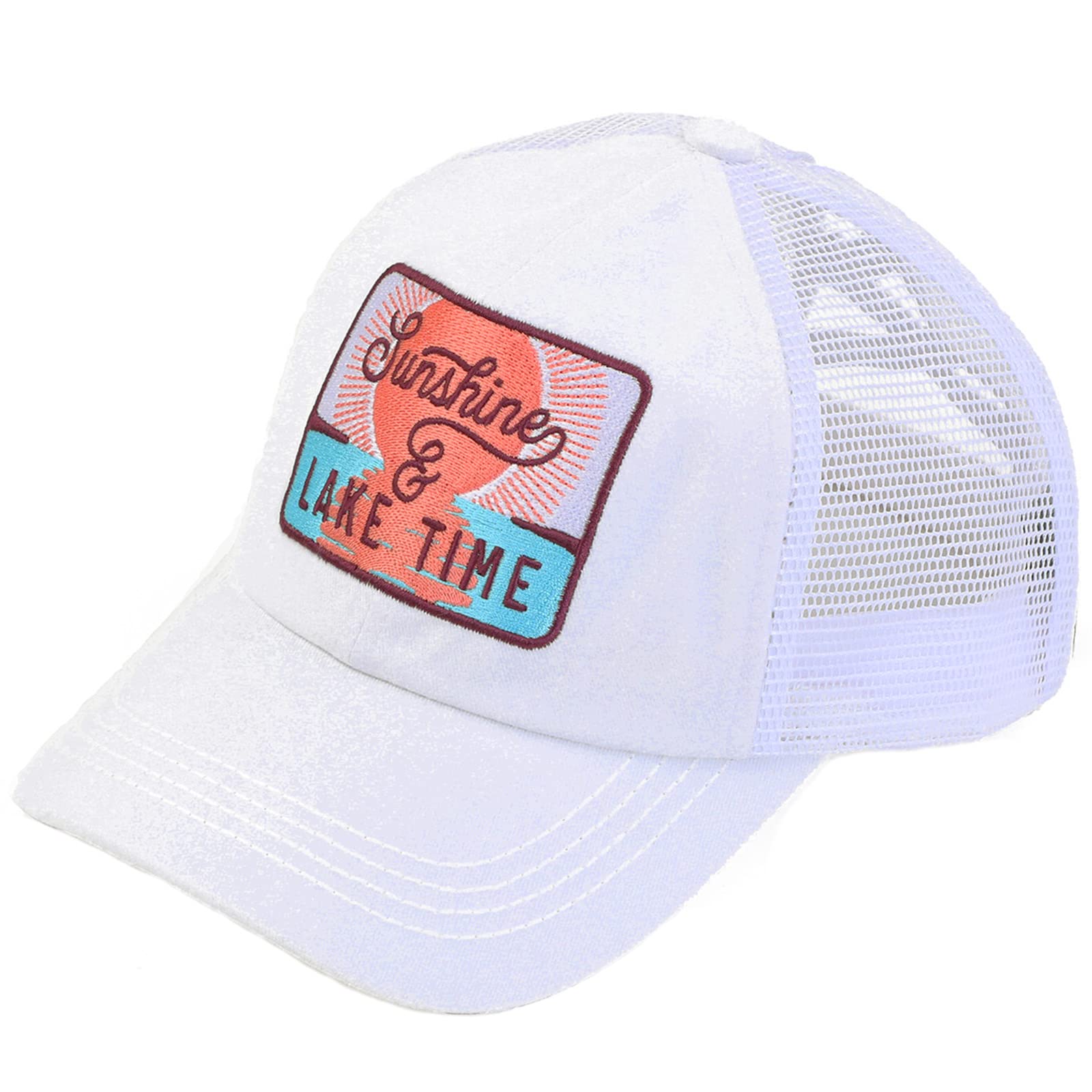 C.C Ponytail Criss Cross Messy Buns Ponycaps Baseball Cap Dad Trucker Mesh Hat (Patch Sunshine and Lake Time White)