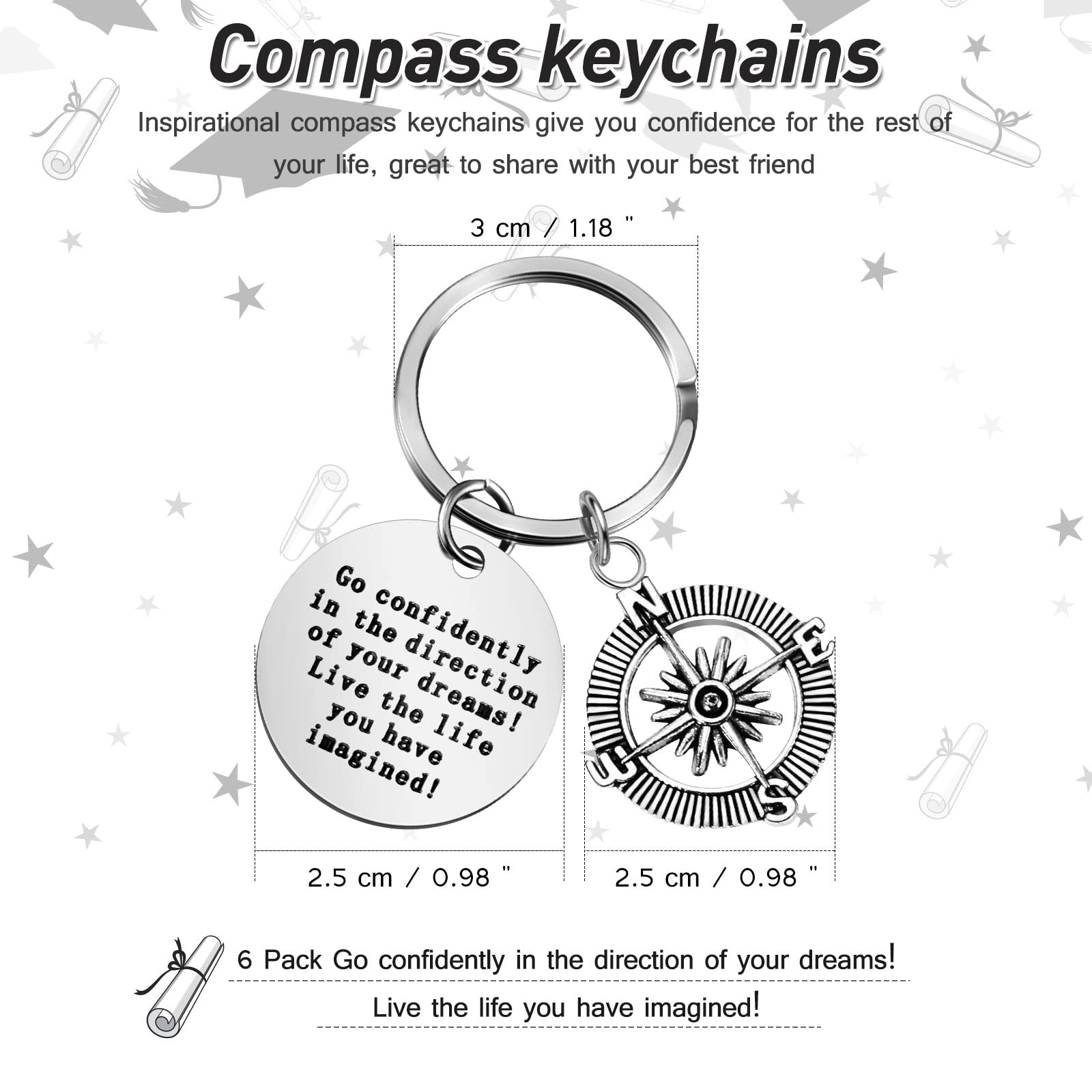 Junkin 6 Pcs Inspirational Keychains Gift, Inspirational Quotes, Go Confidently in the Direction of Your Dreams Compass Key Chain for Employee Appreciation Encouragement Gifts