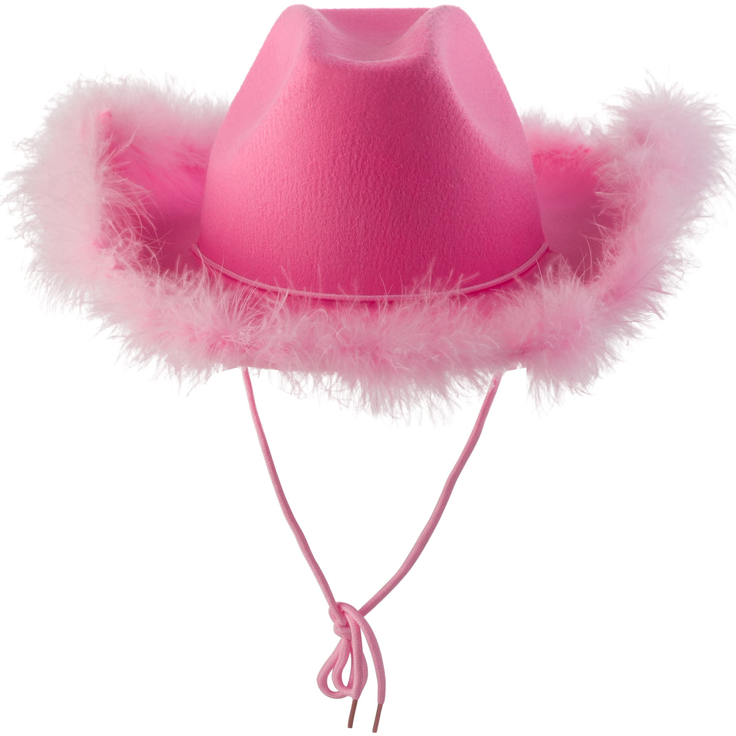 Pink Cowgirl Hat with Feather Boa - Cowboy Hat for Women, Teenage Girls with Fluffy Feather Brim for Bachelorette, Theme Costume Party, Role-Playing Dress-Up, Adult Size