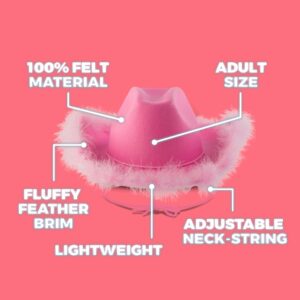 Pink Cowgirl Hat with Feather Boa - Cowboy Hat for Women, Teenage Girls with Fluffy Feather Brim for Bachelorette, Theme Costume Party, Role-Playing Dress-Up, Adult Size