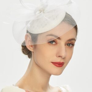 Cizoe Tea Party Fascinator Kentucky Derby Hat Fascinator Pillbox Hat Headband for Cocktail(A-white