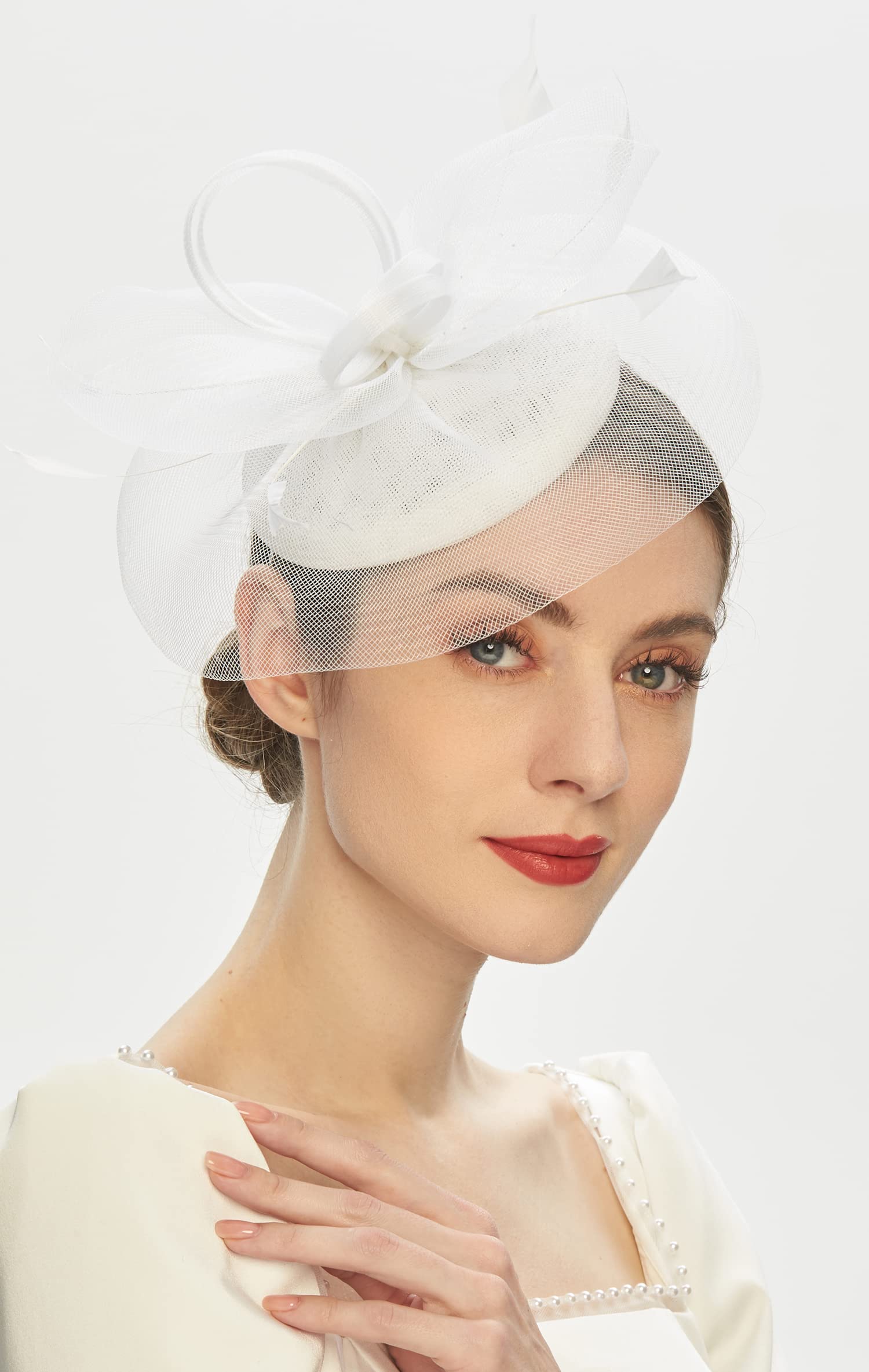 Cizoe Tea Party Fascinator Kentucky Derby Hat Fascinator Pillbox Hat Headband for Cocktail(A-white