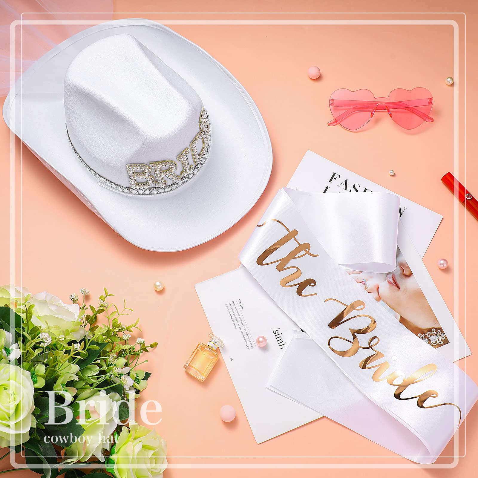 Janmercy The Bride White Cowgirl Hat with Veil Bachelorette Party White Satin Sash Rimless Heart Shape Sunglasses Wedding Party Supplies