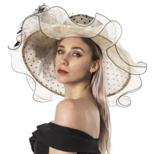 Women's Organza Church Hat Bridal Tea Party Wedding Tea Party Sun Hat with Detachable hat Flower as Headgear Beige