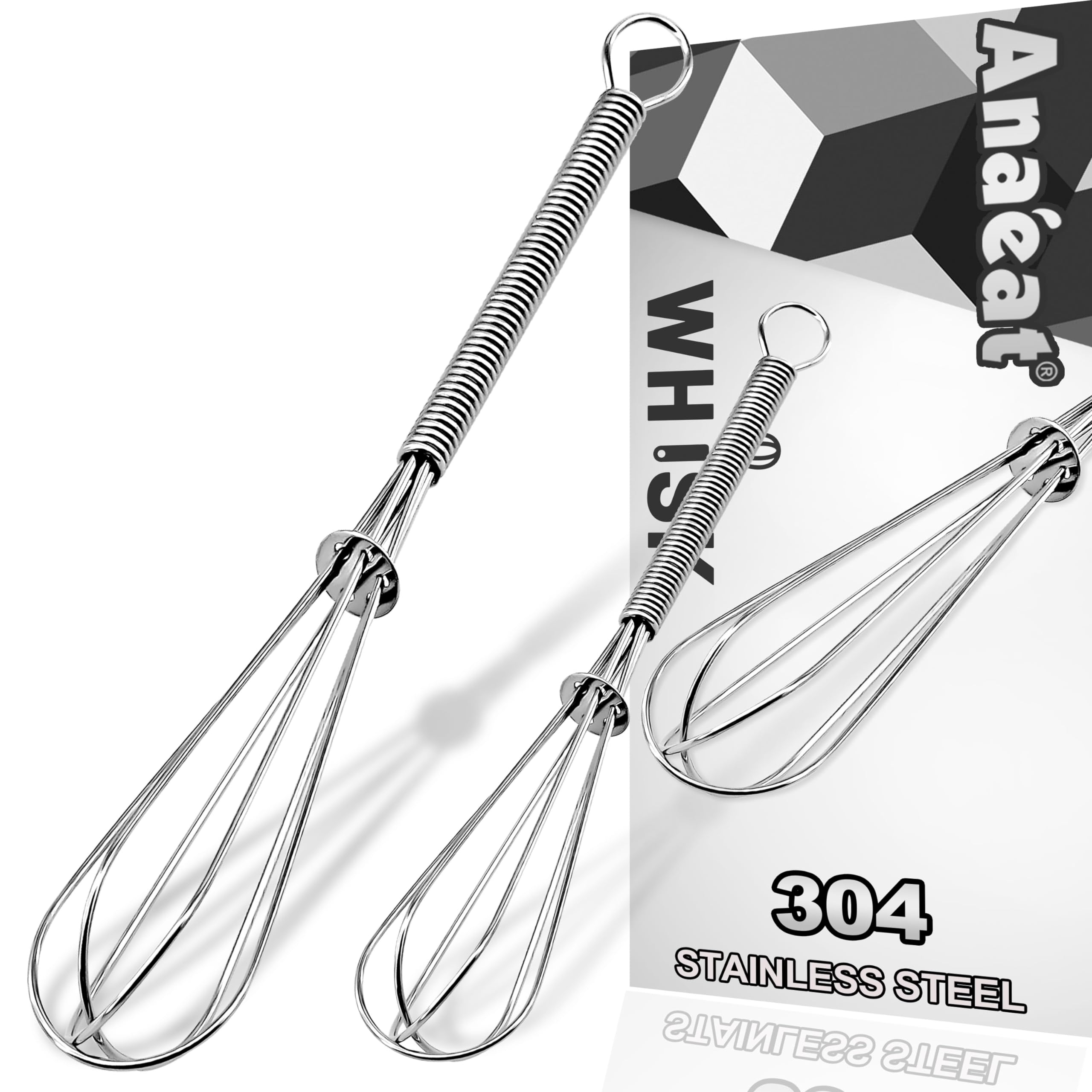 Anaeat Mini Wire Whisks, Set of 2 Portable Stainless Steel Kitchen Tiny Whisk & Egg Beater with Thick Wire - Sturdy Small Mixing Balloon for Cooking, Blending, Whiping, Beating and Stirring (5" + 7")