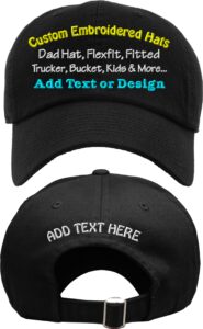 custom embroidered hats baseball caps, trucker, flexfit, fitted, ponytail, beanies, kids, bucket front & back (dad hat -black)