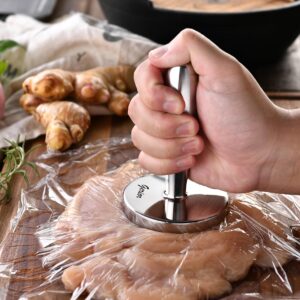 Meat Pounder Tenderizer - Solid Cast Stainless Steel Round Chicken Flattener Tool - Dishwasher Safe