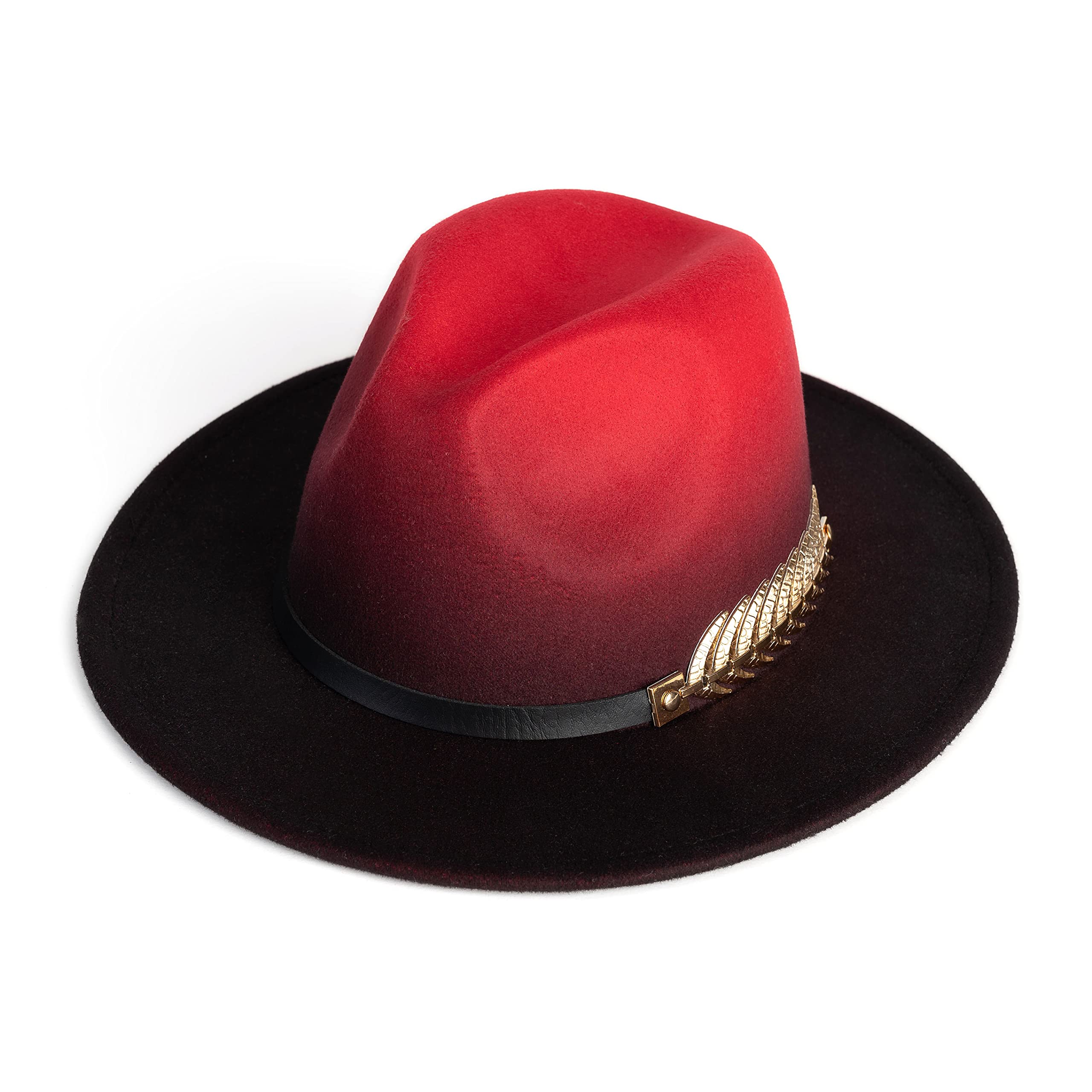 Gossifan Women Gradient Color Fedora Wide Brim Felt Panama Hat with Belt Buckle Red/Black