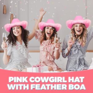 Pink Cowgirl Hat with Feather Boa - Cowboy Hat for Women, Teenage Girls with Fluffy Feather Brim for Bachelorette, Theme Costume Party, Role-Playing Dress-Up, Adult Size