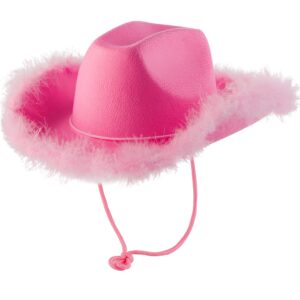 pink cowgirl hat with feather boa - cowboy hat for women, teenage girls with fluffy feather brim for bachelorette, theme costume party, role-playing dress-up, adult size