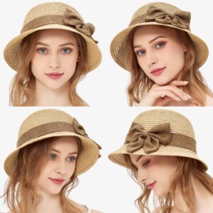 Women Sun Straw Hat Cloche Hat Summer Hat for Women 1920s Vintage Hat Foldable Packable for Beach Vacation