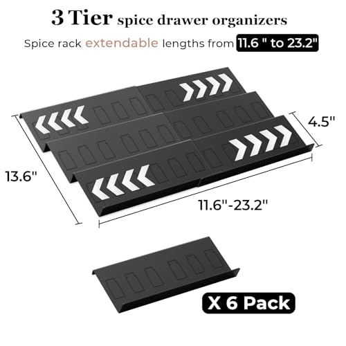 Famhap Spice Drawer Organizer, 6 Pack Drawer Seasoning Organizer Expandable from 11.6" to 23.2" Seasoning Rack Tray Insert for Kitchen Drawers, Spice Rack Tray for Drawer/Countertop (Black)