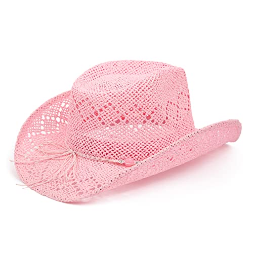 TOVOSO Straw Cowboy Hat for Women with Beaded Trim and Shapeable Brim, T52 Light Pink