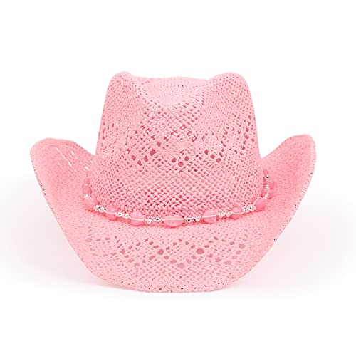 TOVOSO Straw Cowboy Hat for Women with Beaded Trim and Shapeable Brim, T52 Light Pink