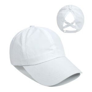 Ponytail Hat for Womens, Quick Drying Mesh Ponytail Hole Baseball Cap Sport Sun Hats White