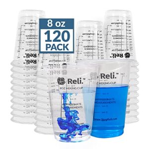 (120 pcs - bulk value) reli. 8 oz paint mixing cup/resin mixing cups | disposable measuring cups | clear plastic mixing cups for paint, epoxy resin, pigments | multipurpose self mixing cup/epoxy cup