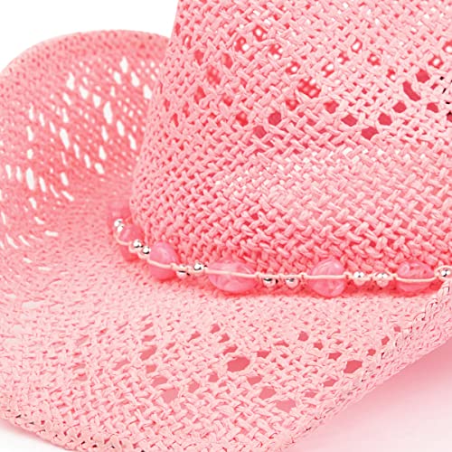 TOVOSO Straw Cowboy Hat for Women with Beaded Trim and Shapeable Brim, T52 Light Pink