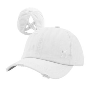 women distressed ponytail baseball caps adjustable criss cross ponytail hats high messy bun ponycap trucker hat white