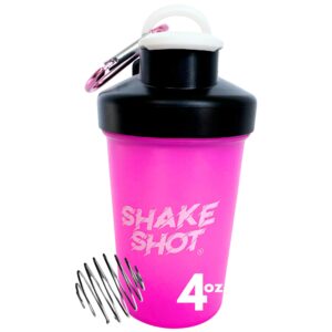 shake shot - pink - 4oz mini shaker bottle for pre workout, creatine, & small scoop supplements carabiner & shaker ball included