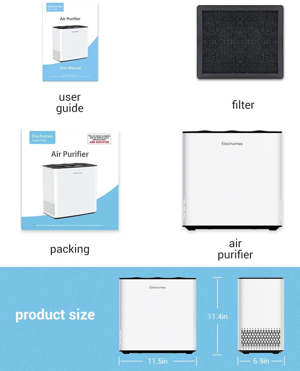 HEPA Air Purifier for Home, Elechomes P1801 Air Cleaner with Auto Mode, Air Quality Sensor, Removes 99.97% Dust Smoke Pet Dander, 22dB Ultra-Quiet, White