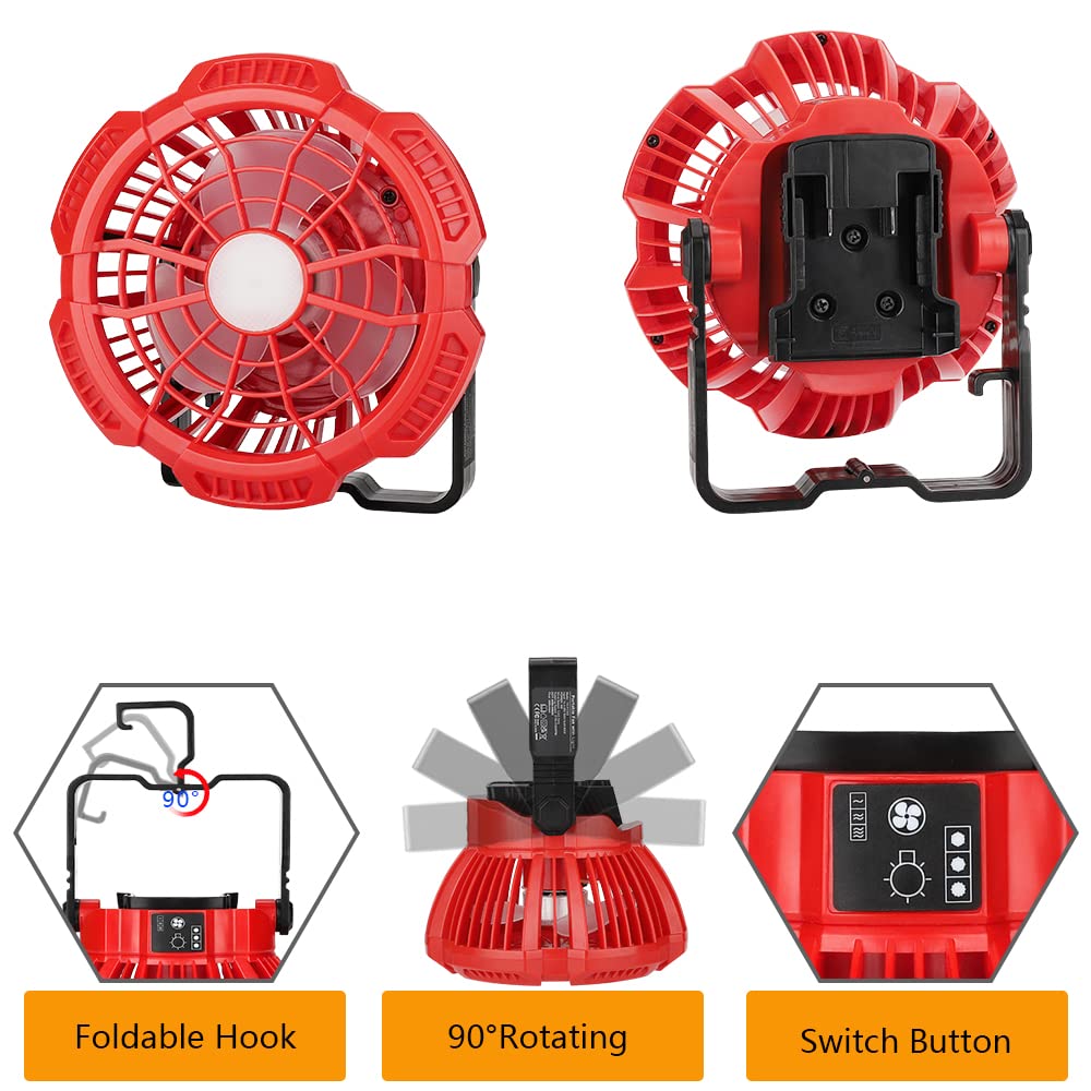 Hiesuan for Milwaukee 18v Fan Portable Camping Fan with Lantern, Remote, 3 Speed Brightness, 4H Timer, Hook Rechargeable Cordless Jobsite Small Personal Fan for Milwaukee 18V M18 Li-Ion Battery