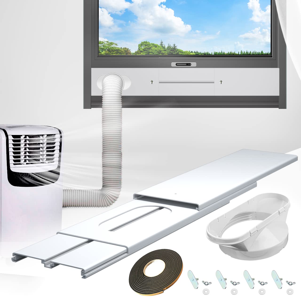 Gulrear Portable AC Window Vent kit,Universal Portable Air Conditioner Window Kit with 3 Adjustable Slide Seal Plates and 5.0" Hose Adapter Adjust Length from 25.5" to 47" Sliding Window AC Vent Kit…