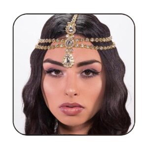 brishow rhinestone boho head chain forehead headpiece wedding crystal festival hair chain for women