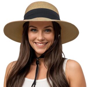 lanzom summer sun hats for women lady wide brim straw hat beach hat upf foldable packable cap for travel outdoor(medium,khaki)