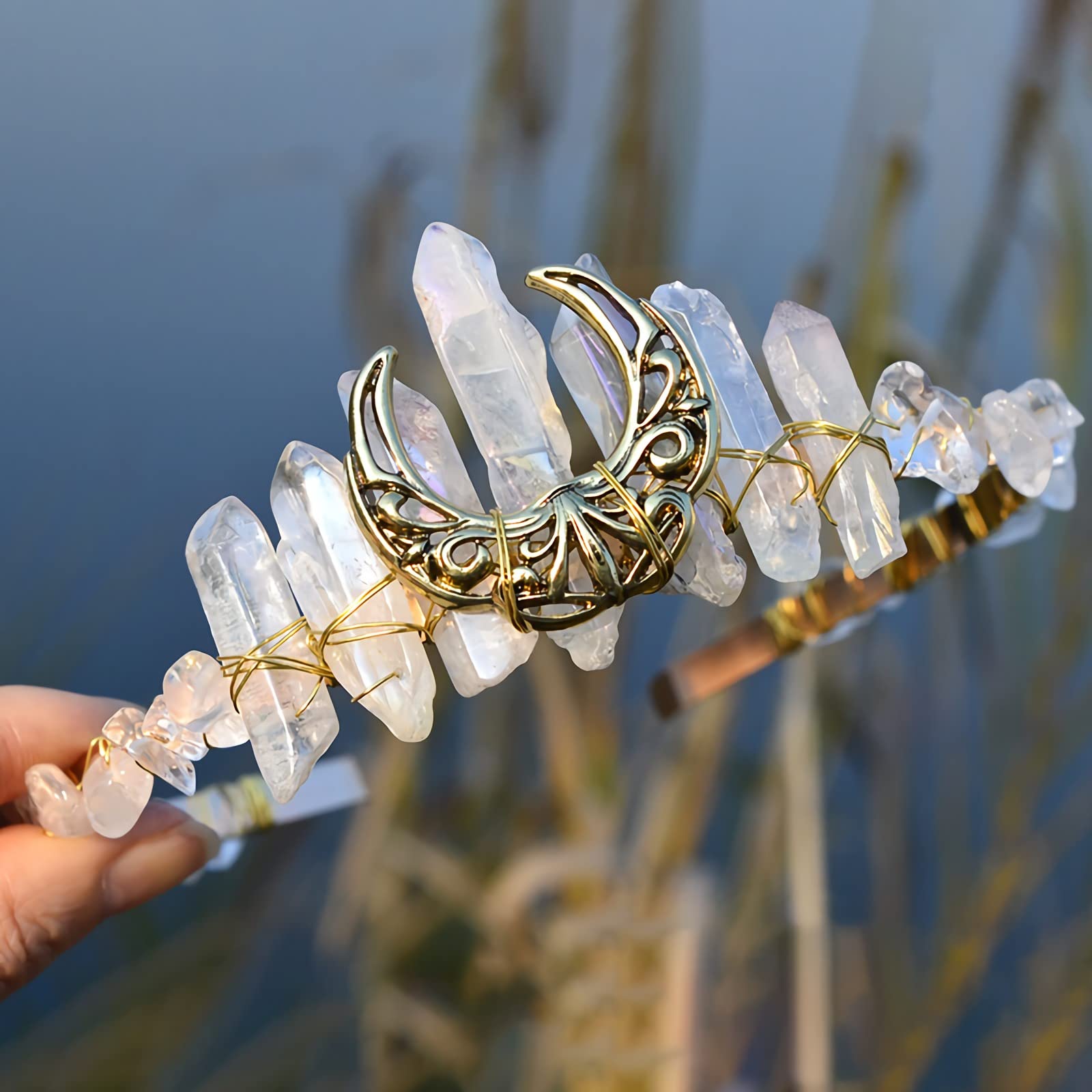 AWAYTR Moon Fairy Raw Crystal Crown - Goddess Quartz Crown Headpiece for Cosplay Wedding Party Photo Shoot Mermaid Headband Tiara for Women and Girls(White Crystal+Moon)