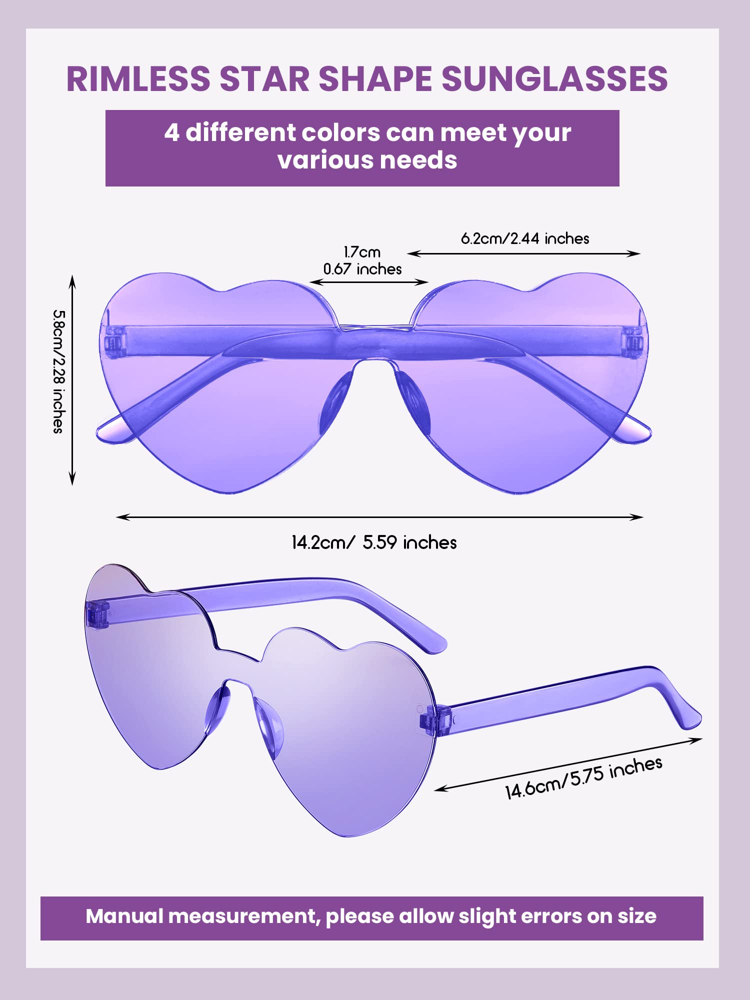 Weewooday 40 Pairs Heart Glasses Rimless Heart Shaped Frameless Sunglasses Transparent Sunglasses Tinted Eyewear(Purple)