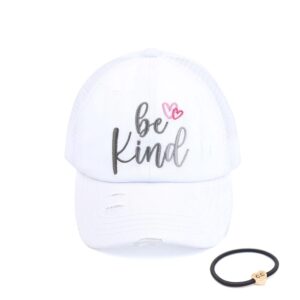 c.c exclusives washed distressed embroidered patch cotton denim criss-cross ponytail hat adjustable baseball cap (bt-1007) (a crossed elastic band-be kind_white)