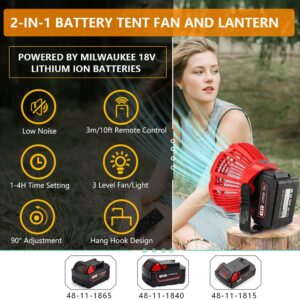 Hiesuan for Milwaukee 18v Fan Portable Camping Fan with Lantern, Remote, 3 Speed Brightness, 4H Timer, Hook Rechargeable Cordless Jobsite Small Personal Fan for Milwaukee 18V M18 Li-Ion Battery