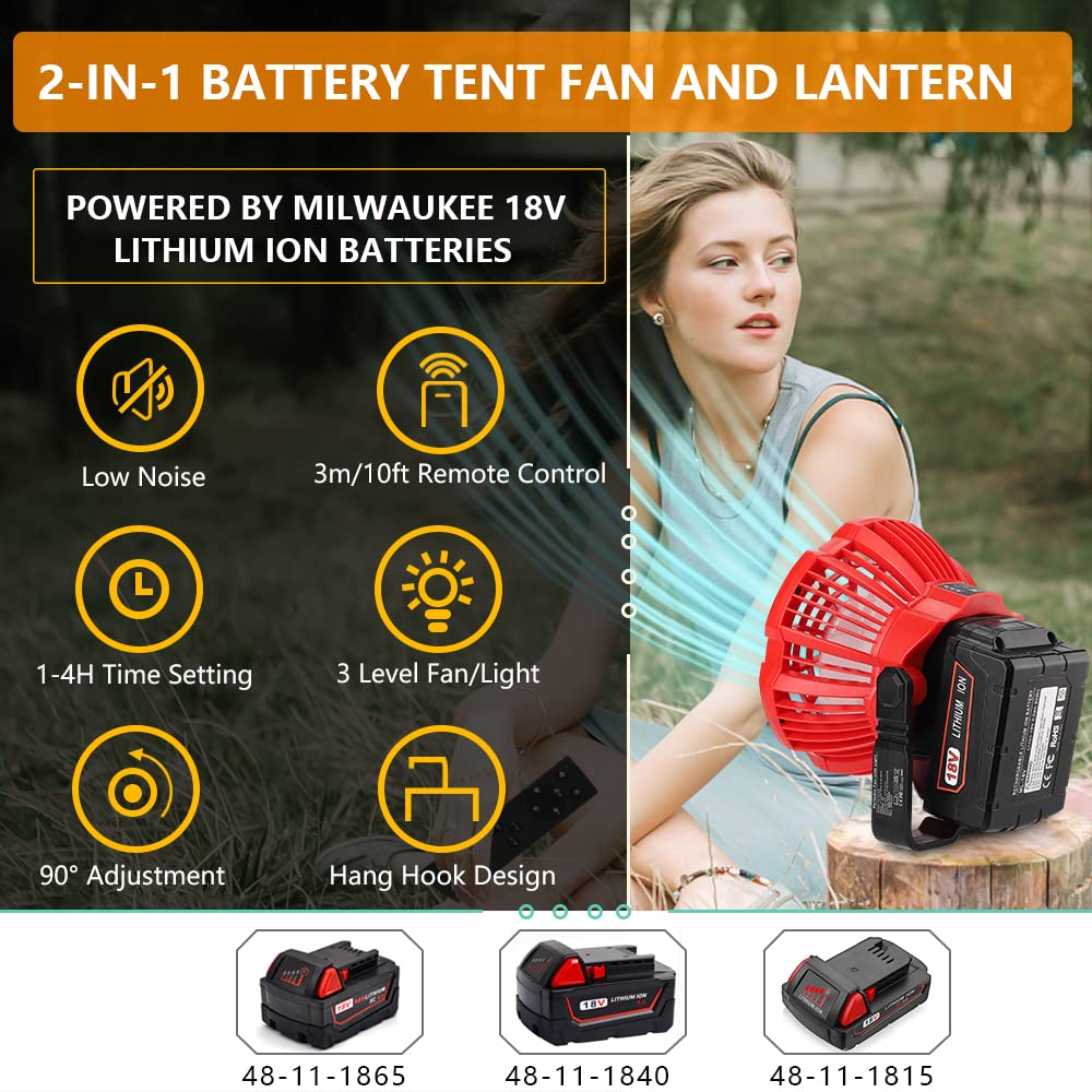 Hiesuan for Milwaukee 18v Fan Portable Camping Fan with Lantern, Remote, 3 Speed Brightness, 4H Timer, Hook Rechargeable Cordless Jobsite Small Personal Fan for Milwaukee 18V M18 Li-Ion Battery