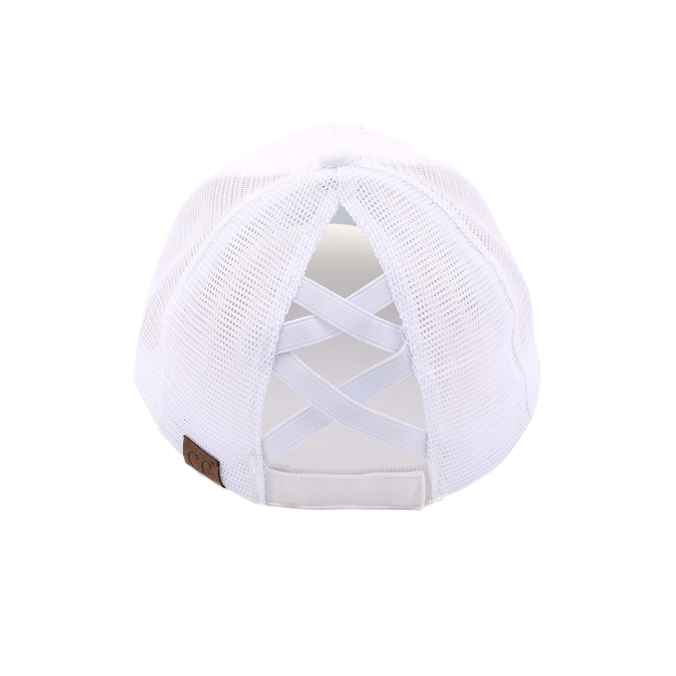 C.C Exclusives Washed Distressed Embroidered Patch Cotton Denim Criss-Cross Ponytail Hat Adjustable Baseball Cap (BT-1007) (A Crossed Elastic Band-Be Kind_White)