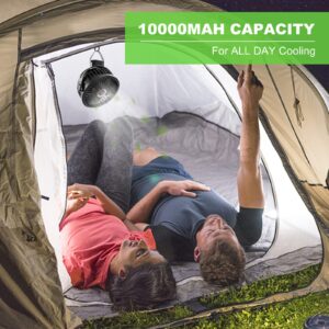 Odoland 2 Packs 10000mAh Camping Rechargeable Fan with Hanging Hook Carabiner, Portable Battery Operated Tent Fan, Quiet Strong Airflow, Outdoor Fan USB Desk Fan for Picnic Travel Barbecue Fishing