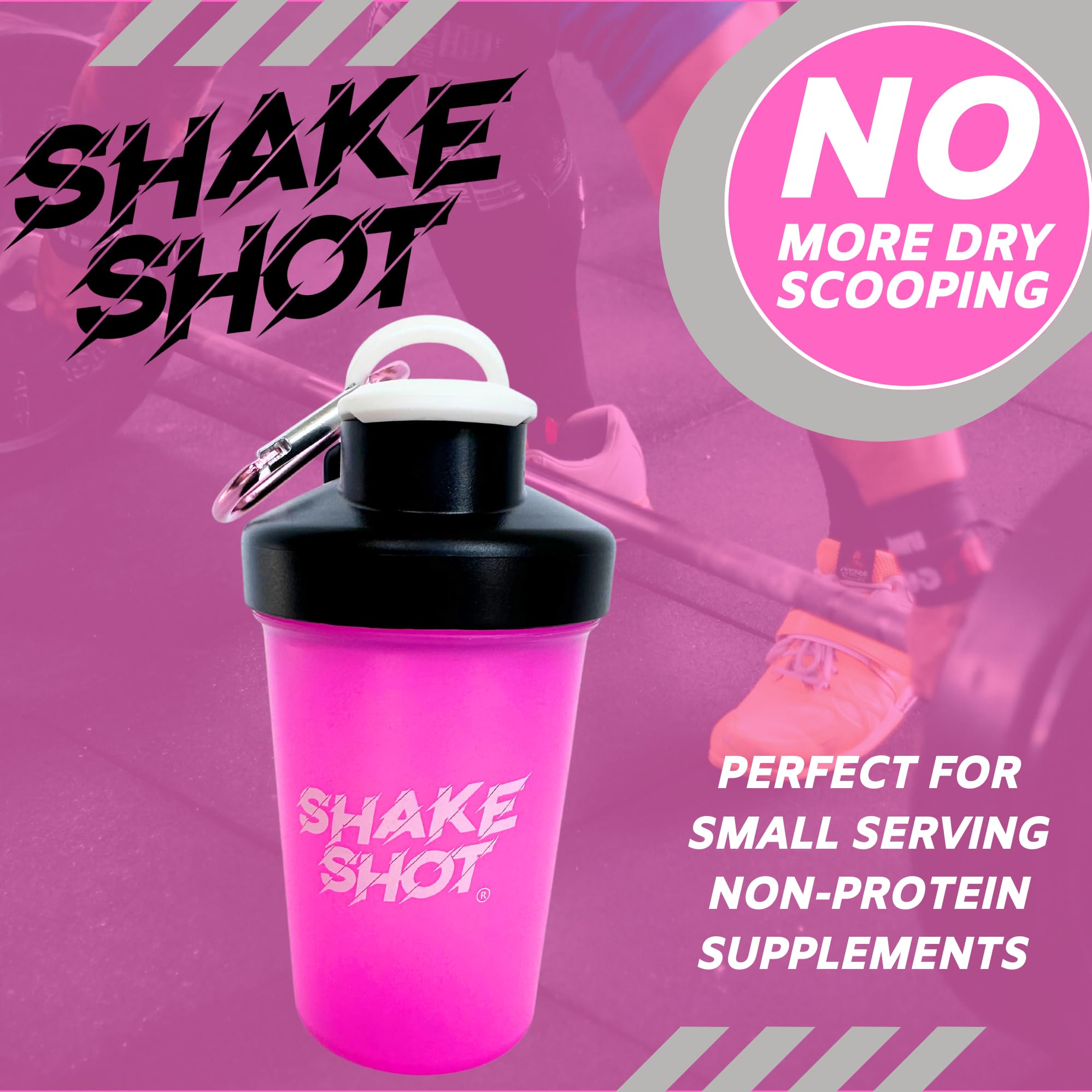 Shake Shot - Pink - 4oz Mini Shaker Bottle for Pre Workout, Creatine, & Small Scoop Supplements Carabiner & Shaker Ball Included