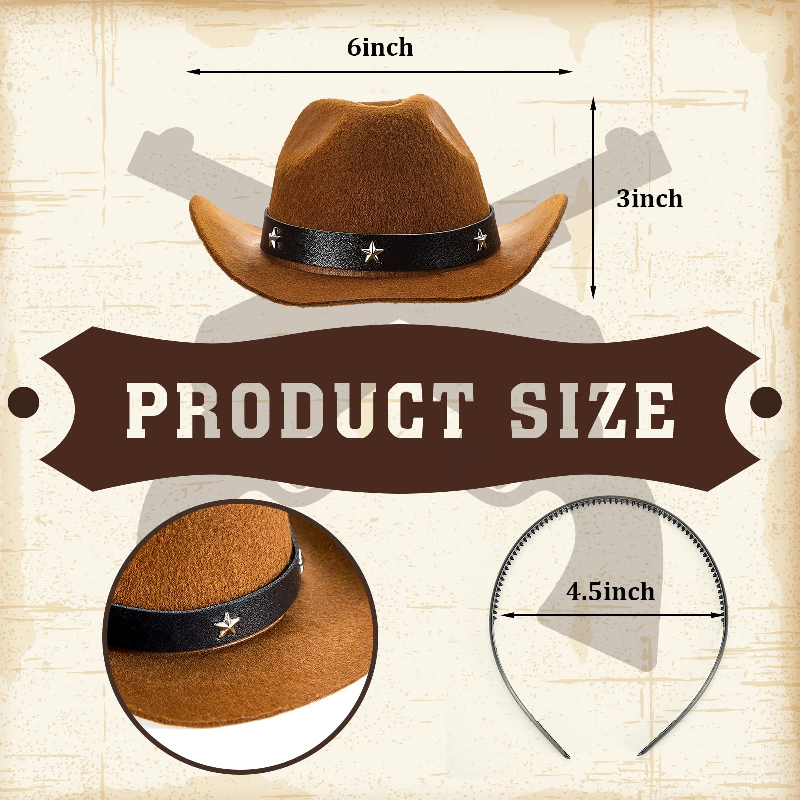 6 Pcs Cowboy Hat Headband Mini Cowgirl Hat Headband Cowgirl Costume Accessories for Women Men Adult Western Party Supplies, Brown