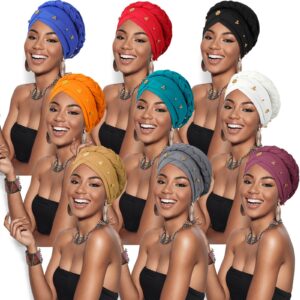 9 pcs women turban braid headscarf braid turban wrap pre tied twisted braid hair covered hat beanie beaded headband headwear one size multicolor cap(fresh)