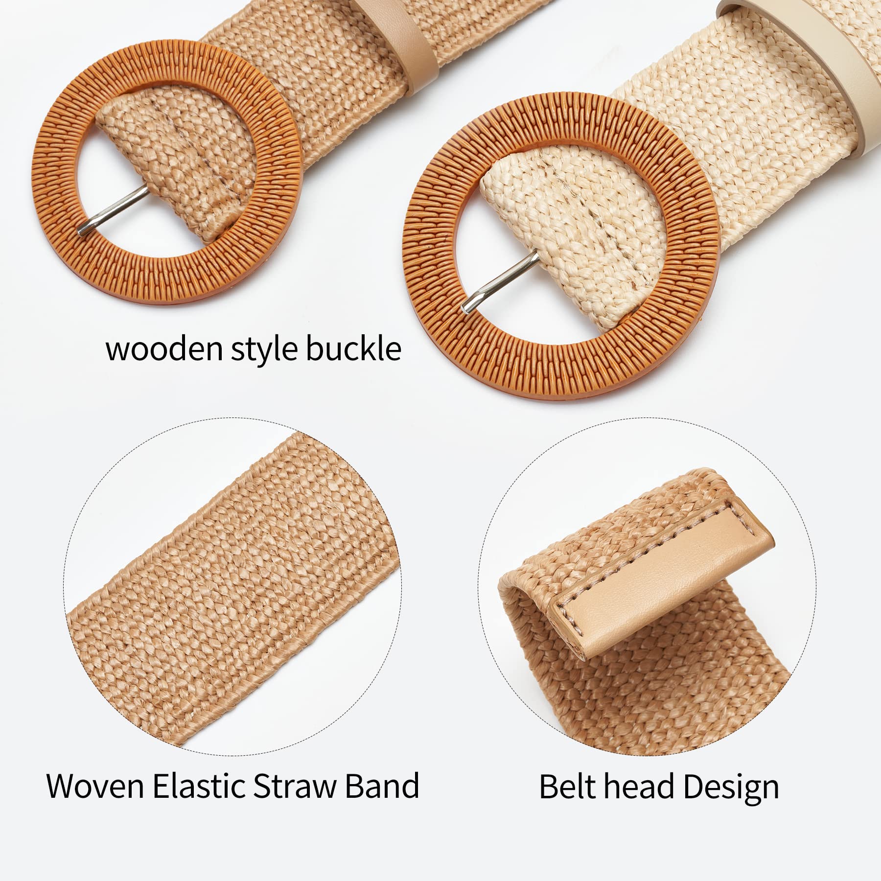 LUCHENGYI Women Straw Woven Elastic Stretch Waist Belt Skinny Boho Ladies Braided Dress Belt With Wooden Style Buckle