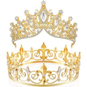 junkin 2 pcs crowns for men women baroque queen crown king prince tiara princess crystal headband rhinestone prom party(gold)